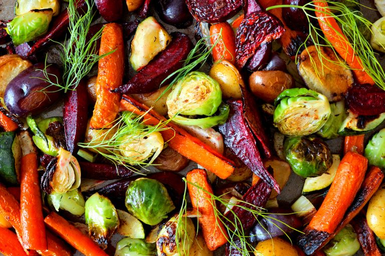 Balsamic Maple Roasted Root Vegetables with Brussels Sprouts