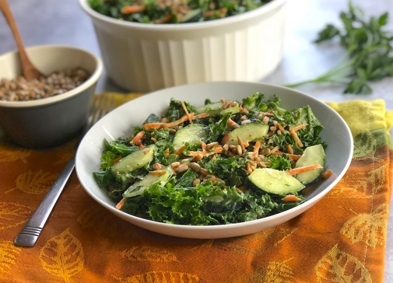 Kale and Cucumber Salad with Avocado-Tahini Dressing - The Vegan Atlas