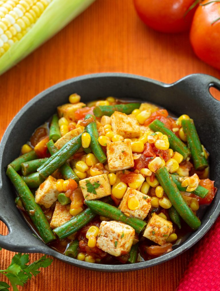 Tofu Stew with Corn, Green Beans, and Tomatoes