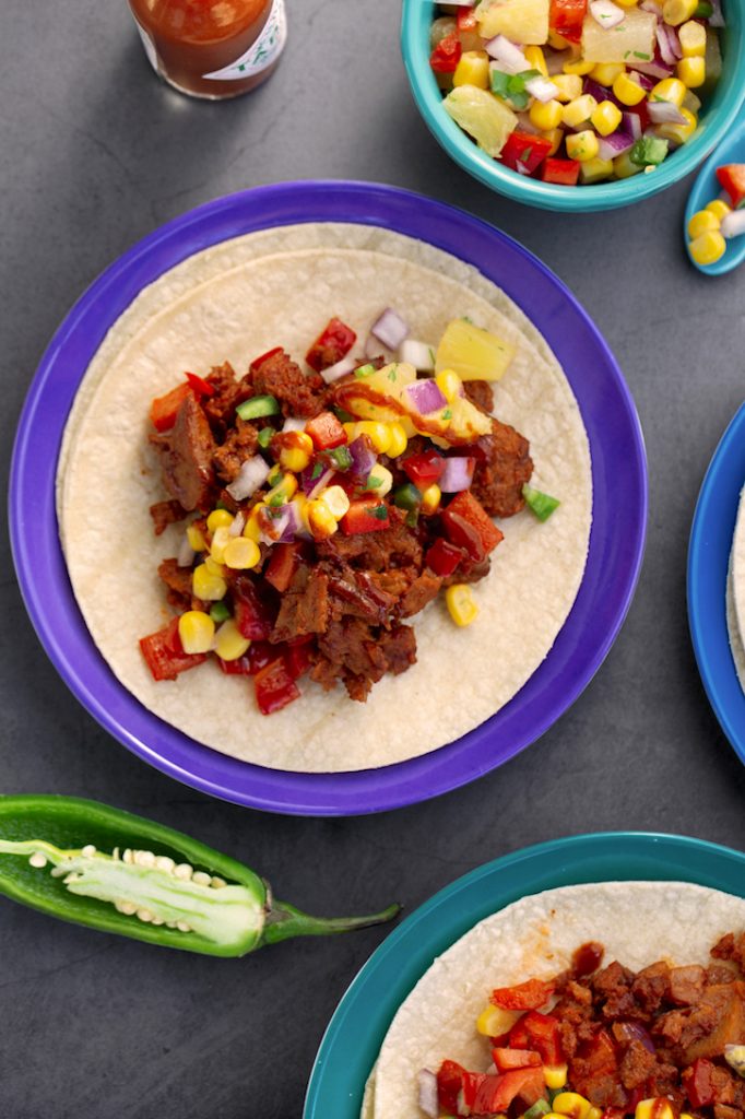 Vegan Pulled Protein Tacos with Corn-Pineapple Salsa - The Vegan Atlas