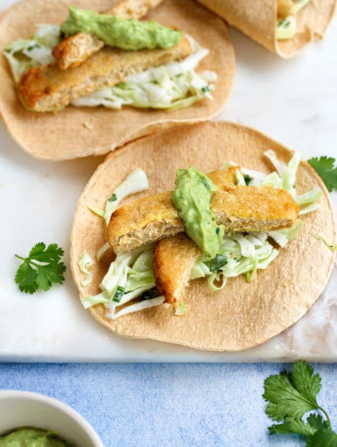 Vegan Fish Tacos with Avocado-Cilantro Cream