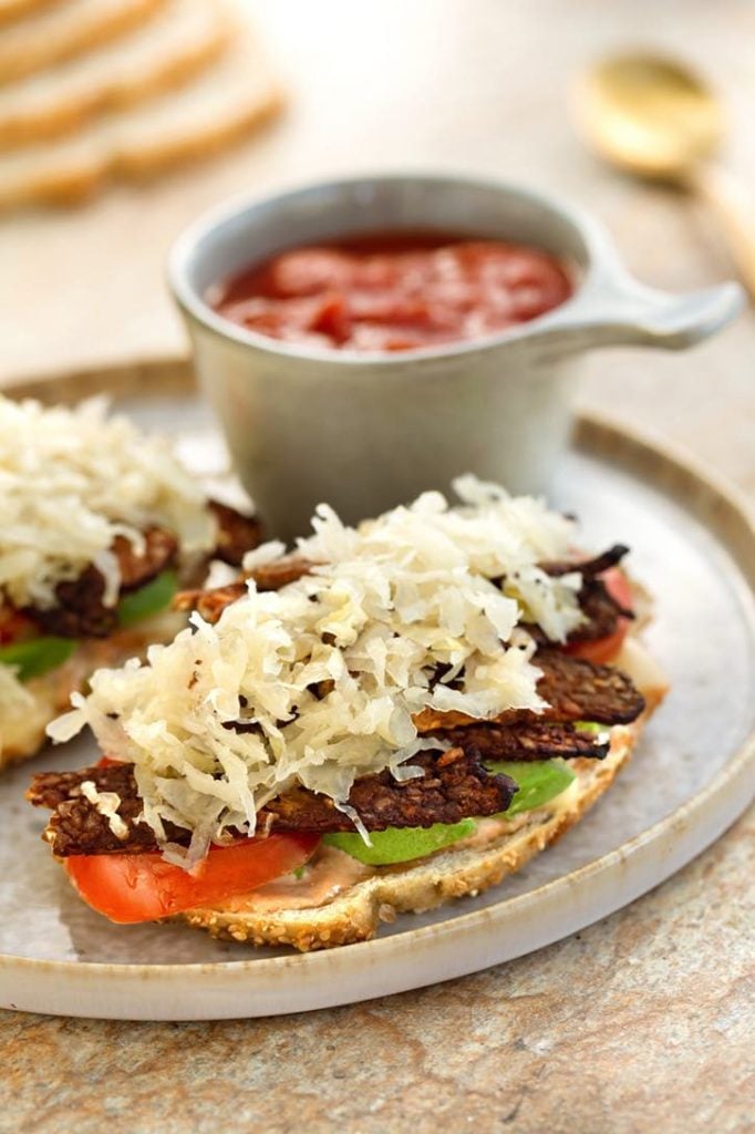 Vegan Reuben Sandwich (made with tempeh or plant-based bacon)