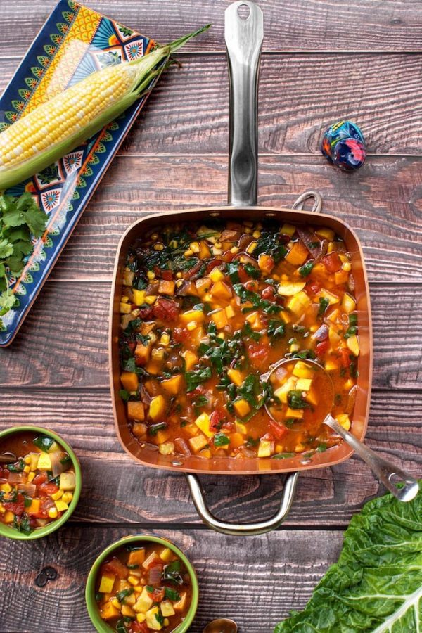 Harvest Sweet Potato Stew with Fresh Greens & Corn