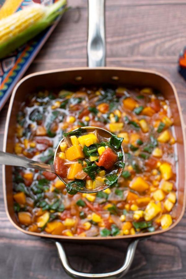 Harvest Sweet Potato Stew with Fresh Greens & Corn
