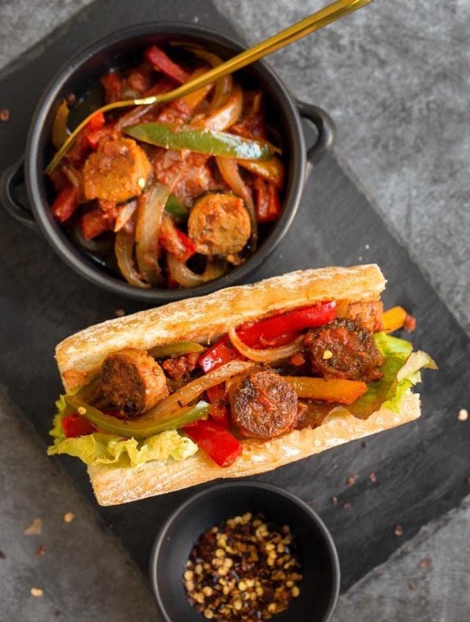 Vegan Sausage and Peppers (for Pasta, Grains, or Heroes)