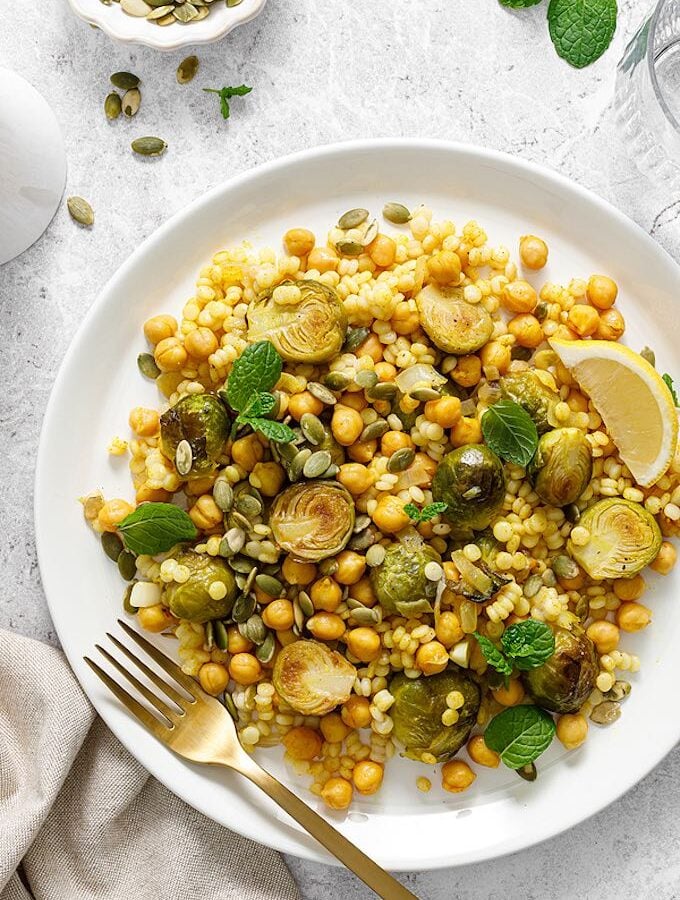 Roasted Collard Greens with Brussels Sprouts and Polenta